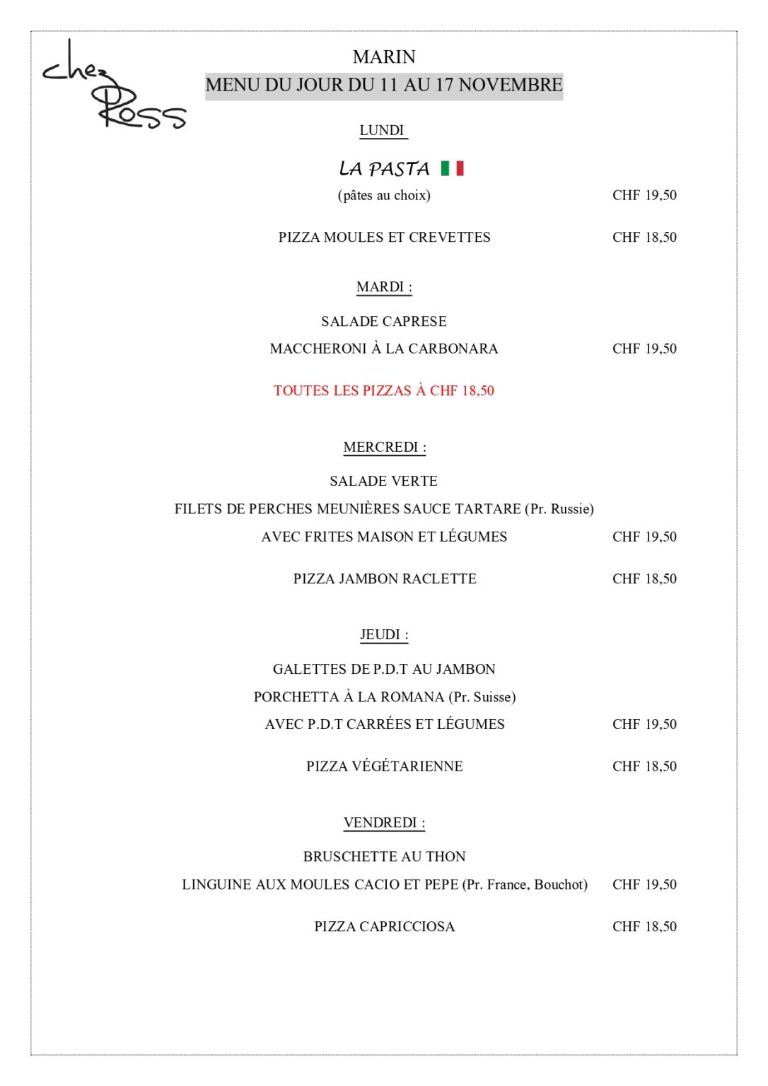 Daily Menu – La Pergola